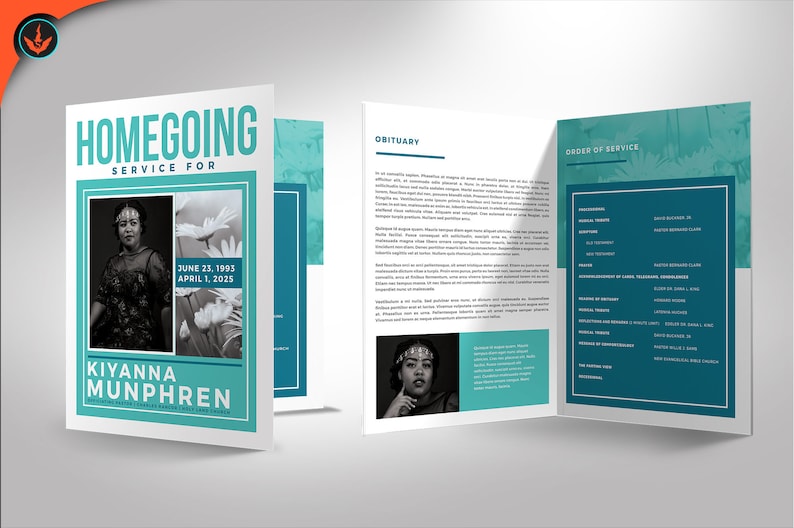 Turquoise Funeral Program PHOTOSHOP Template 4 Pages 8.5x11 and 5.5x8.5 ...