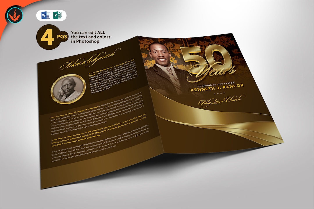 Pastor Anniversary Program Gold WORD and Publisher Template (8.5x11 and 5.5x8.5) 4 Pages - Etsy