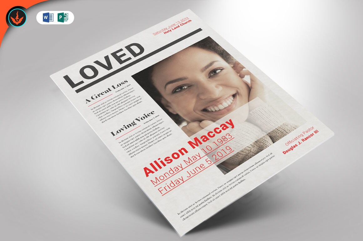 Newspaper Funeral Program Flyer Template 3 Publisher and Word Bi-fold 8 ...