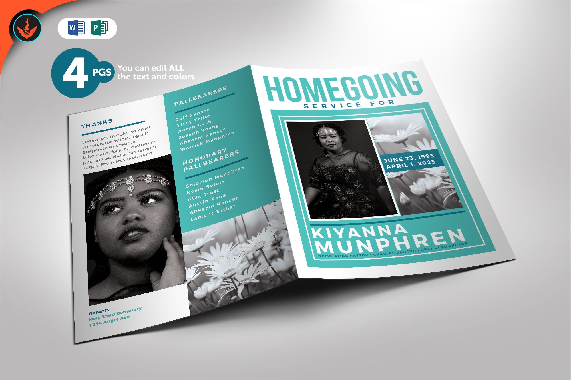 Turquoise Funeral Program Publisher and Word Template 4 Pages 8.5x11 ...