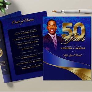 Pastor Anniversary Program PHOTOSHOP Template Sapphire Blue and Gold Bi ...