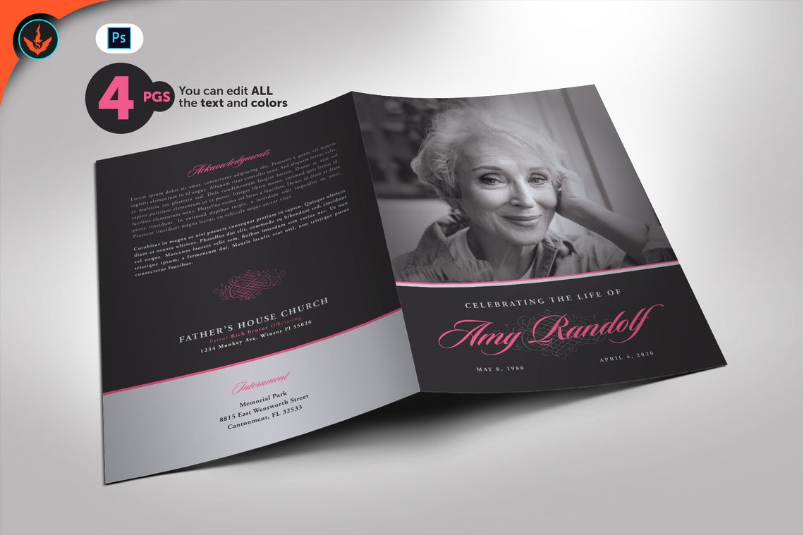 Funeral Program PHOTOSHOP Template 8.5x11 and 5.5x8.5 4 Pages - Etsy