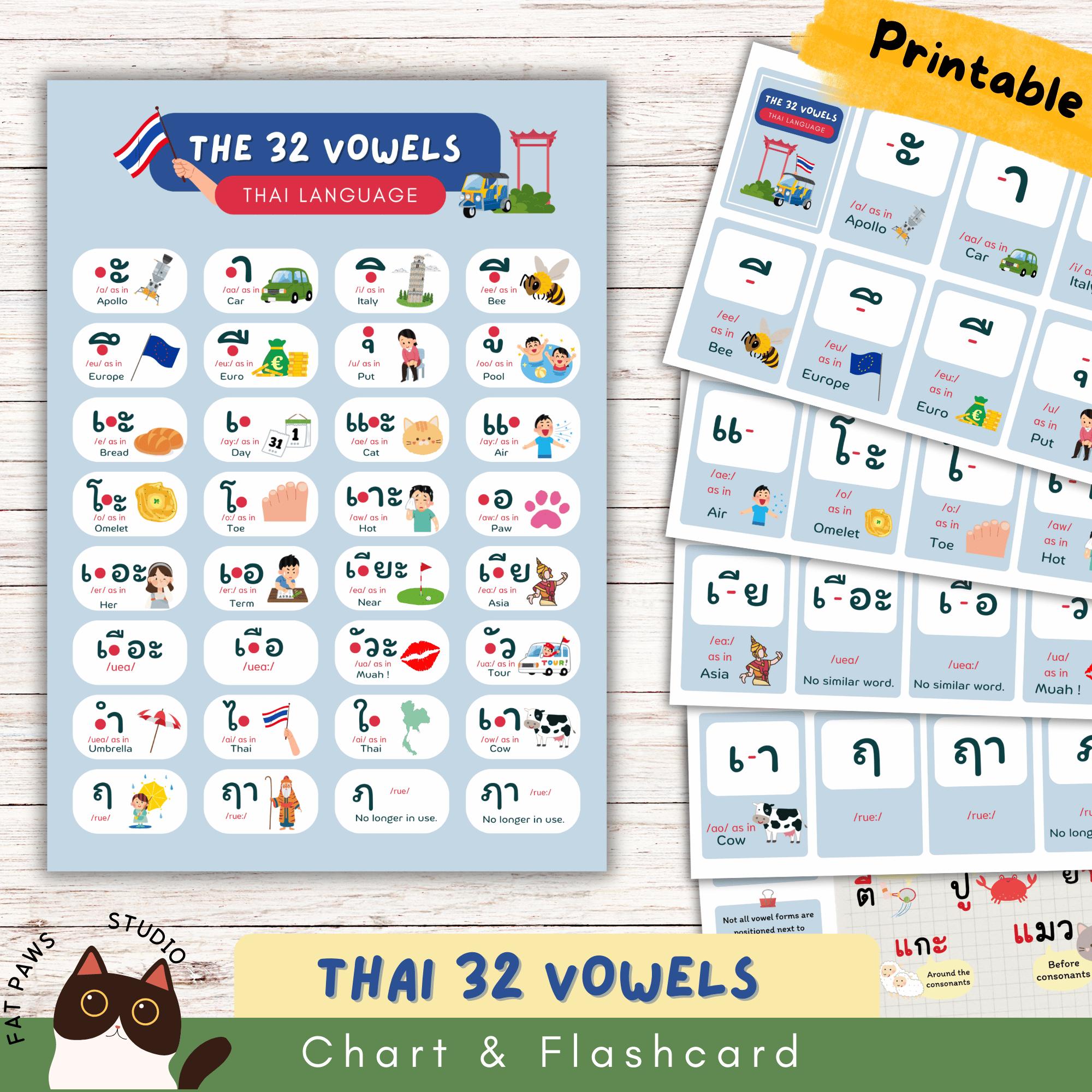 32 Thai Vowels Chart Flashcards Set Printable A3 & A4 Sizes Thai ...