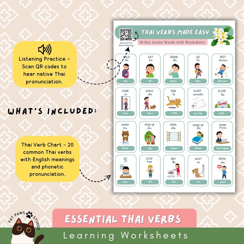 Essential Thai Verbs | Full Premium Pack | Flashcards + Worksheets ...