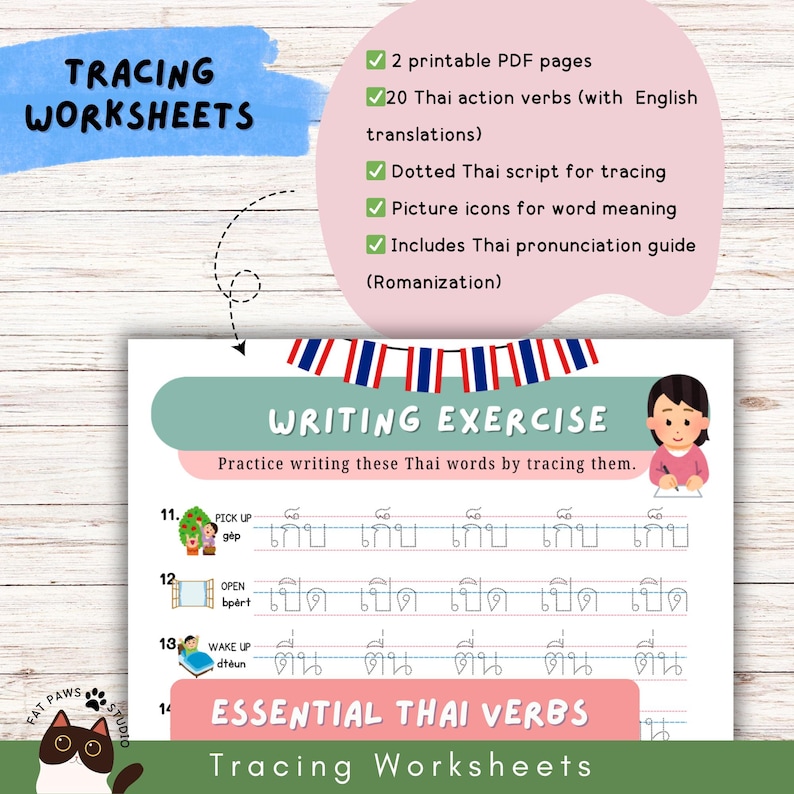 Thai Verbs Tracing Worksheet | 2 Printable Pages for Kids Learning Thai ...