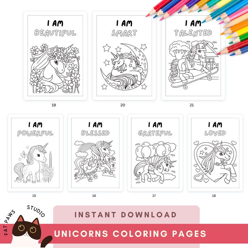 Unicorn Affirmation Coloring Pages for Kids - 20 Magical Pages of ...