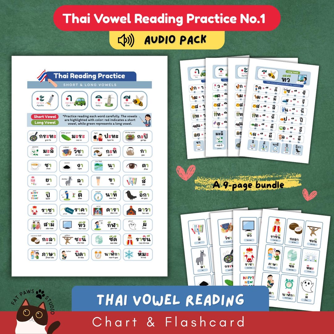 Thai Vowel Reading Pack – Chart + Flashcards + Audio | Learn to Blend ...