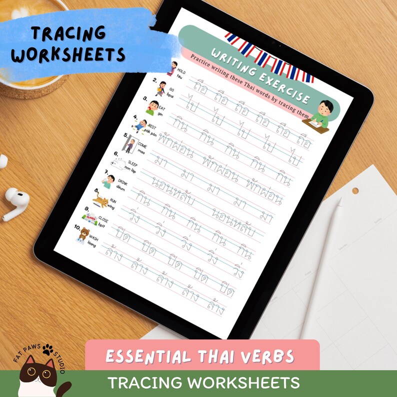 Thai Verbs Tracing Worksheet | 2 Printable Pages for Kids Learning Thai ...