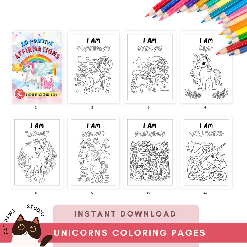 Unicorn Affirmation Coloring Pages for Kids - 20 Magical Pages of ...