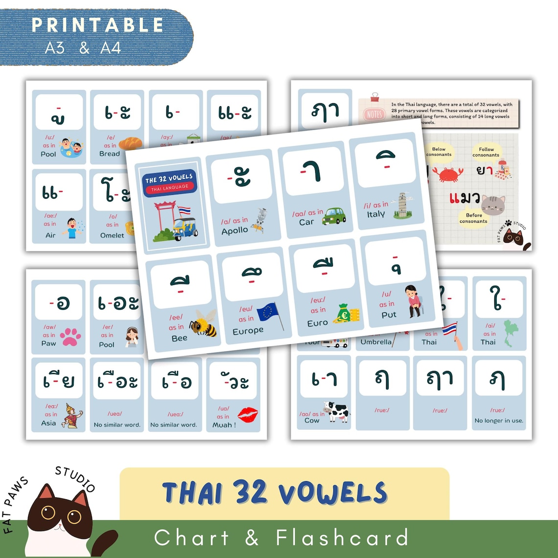 32 Thai Vowels Chart Flashcards Set Printable A3 & A4 Sizes Thai ...