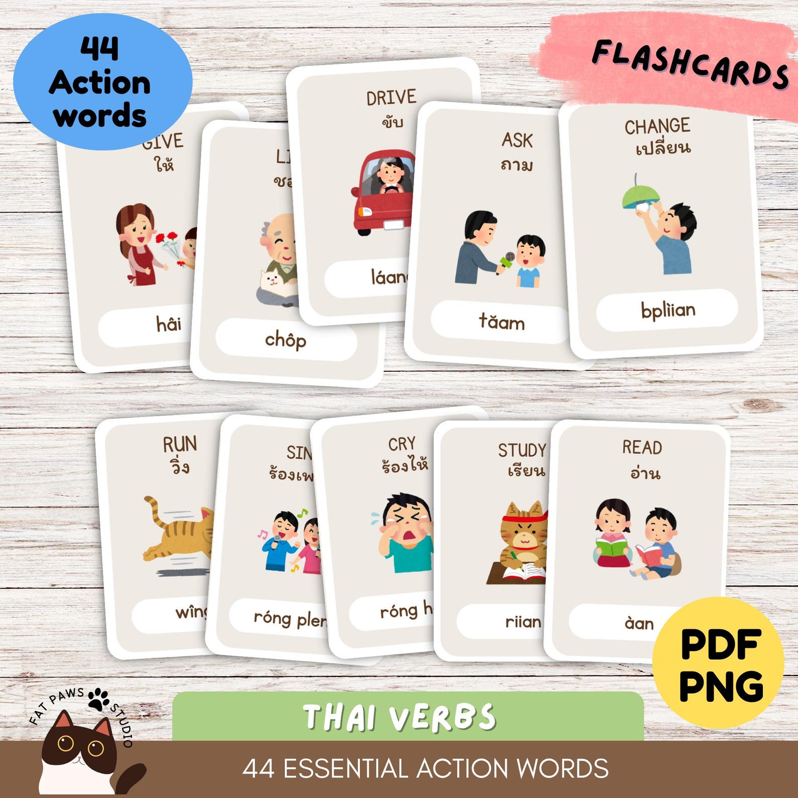 Thai Verbs Flashcards: 44 Essential Action Words (printable PDF & Pngs ...