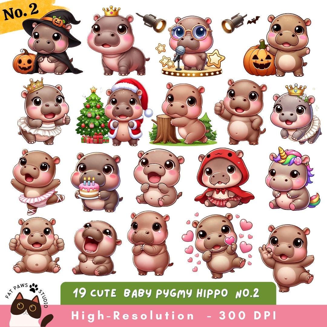 19 Cute Moo Deng Pygmy Hippo Clipart V.2 | Adorable Cartoon Hippo ...