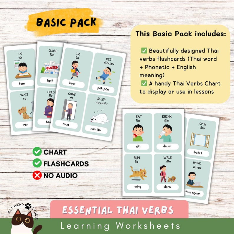 Essential Thai Verbs Flashcards & Chart | Basic Pack | No Audio - Etsy