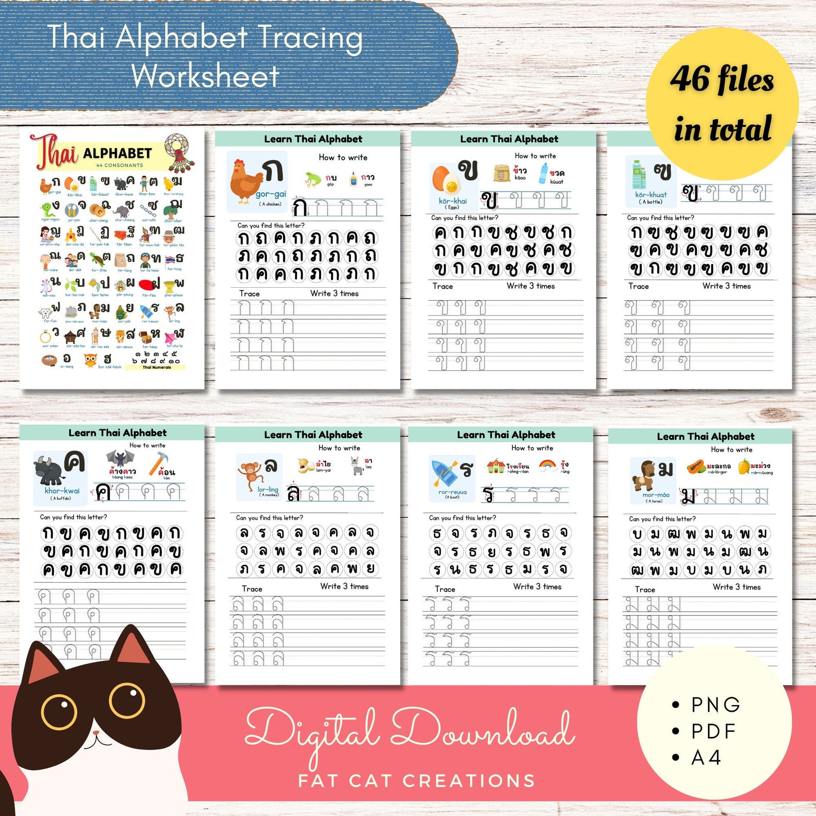 Thai Alphabet Tracing Worksheets: Consonant Learning (PNG, PDF) - Etsy