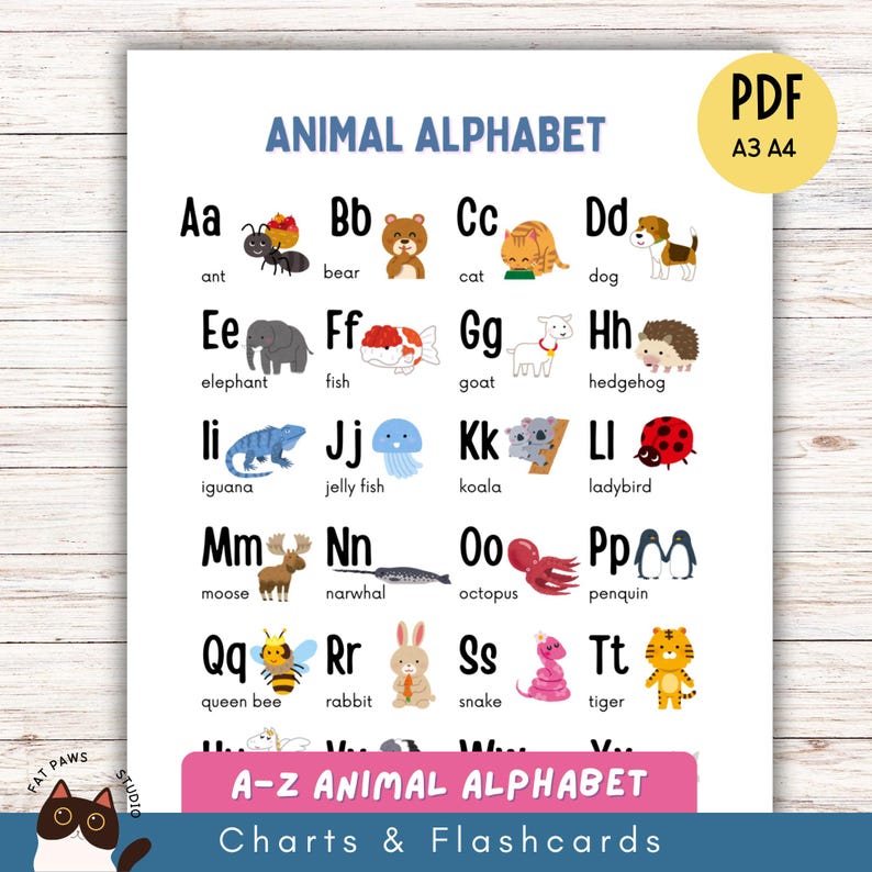Animal Alphabet Chart and Flashcards – 2 Styles (with/without Table ...