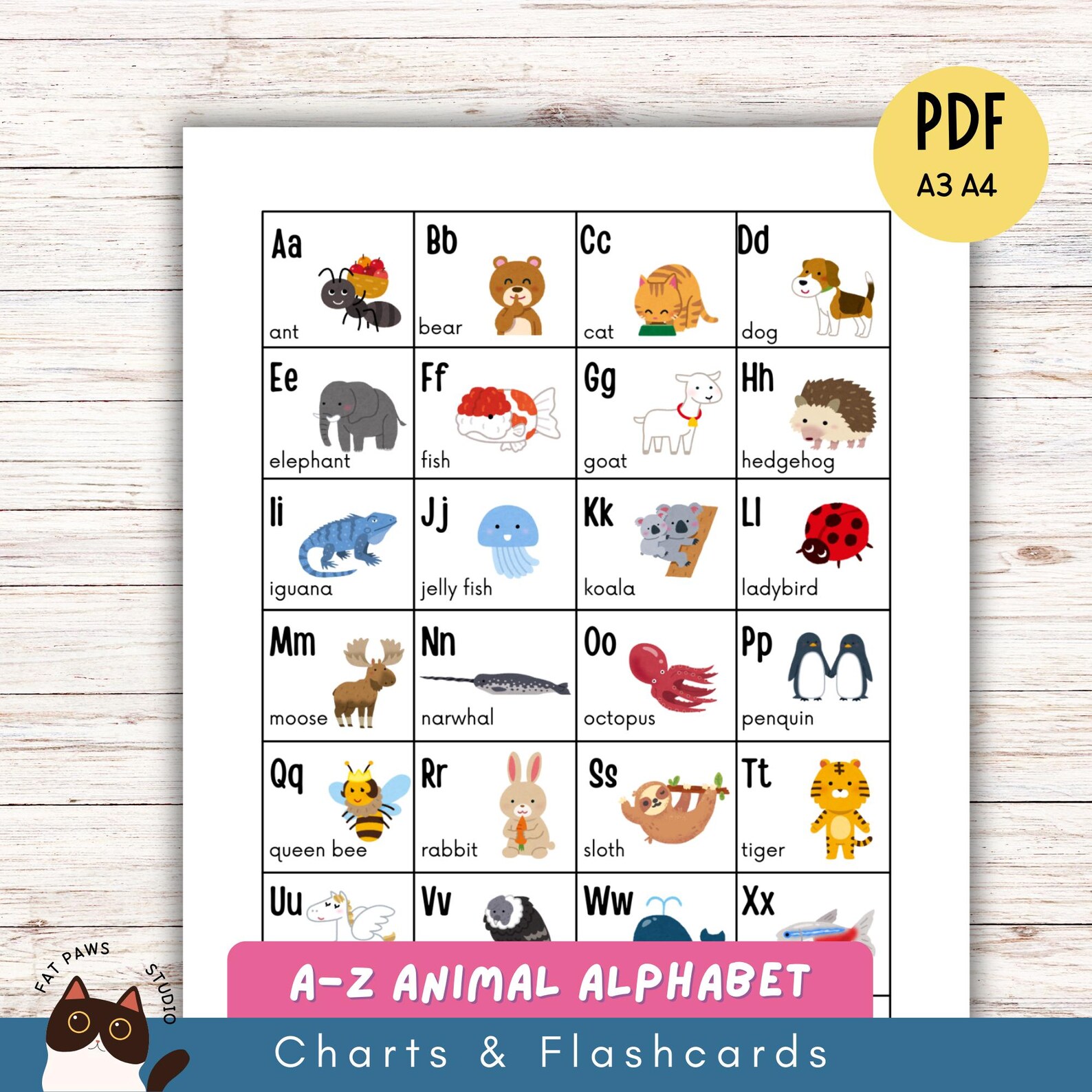 Animal Alphabet Chart and Flashcards – 2 Styles (with/without Table ...