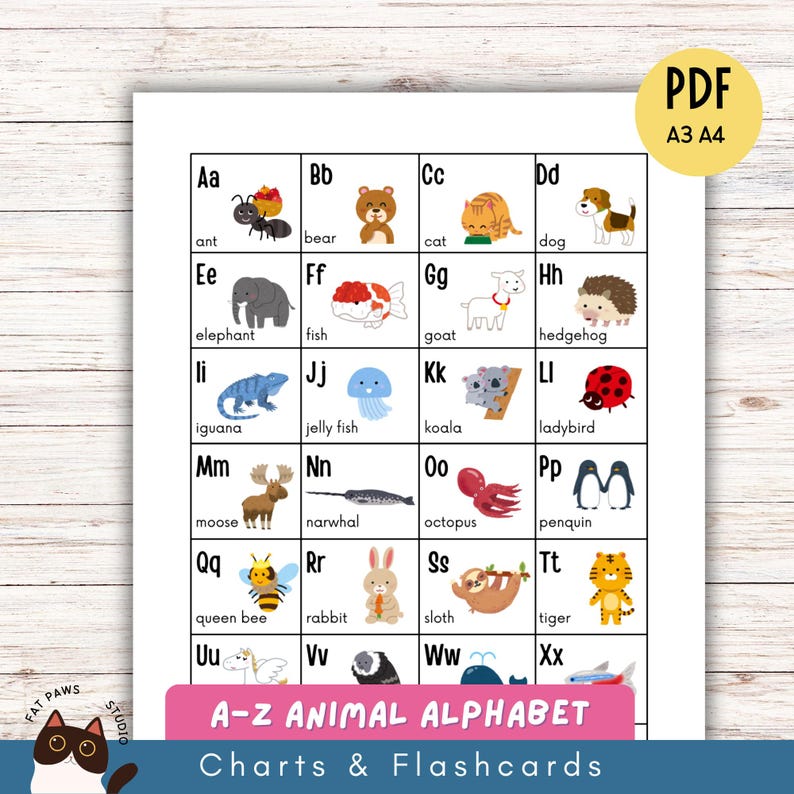 Animal Alphabet Chart and Flashcards – 2 Styles (with/without Table ...