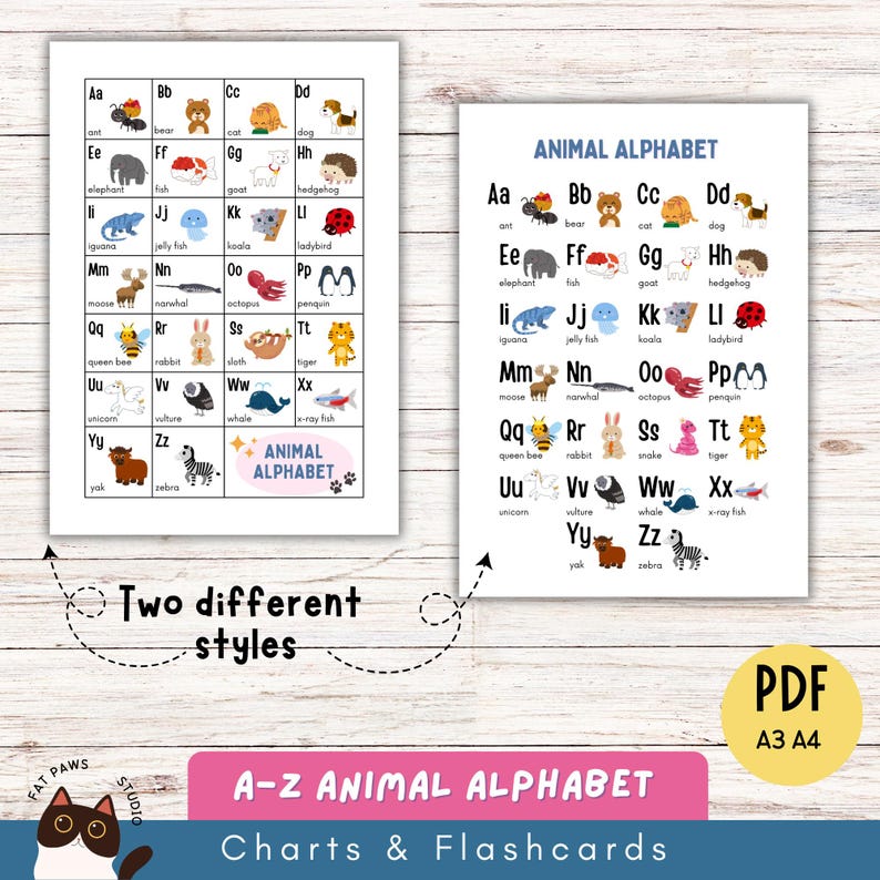 Animal Alphabet Chart and Flashcards – 2 Styles (with/without Table ...