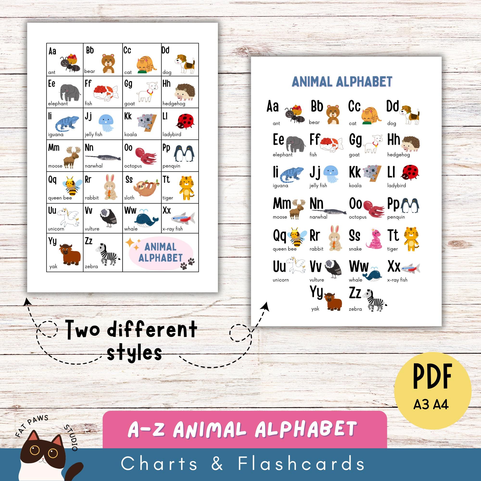 Animal Alphabet Chart and Flashcards – 2 Styles (with/without Table ...