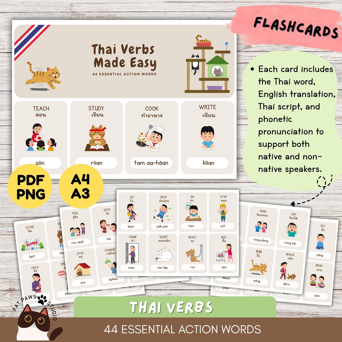 Thai Verbs Flashcards: 44 Essential Action Words (printable PDF & Pngs ...