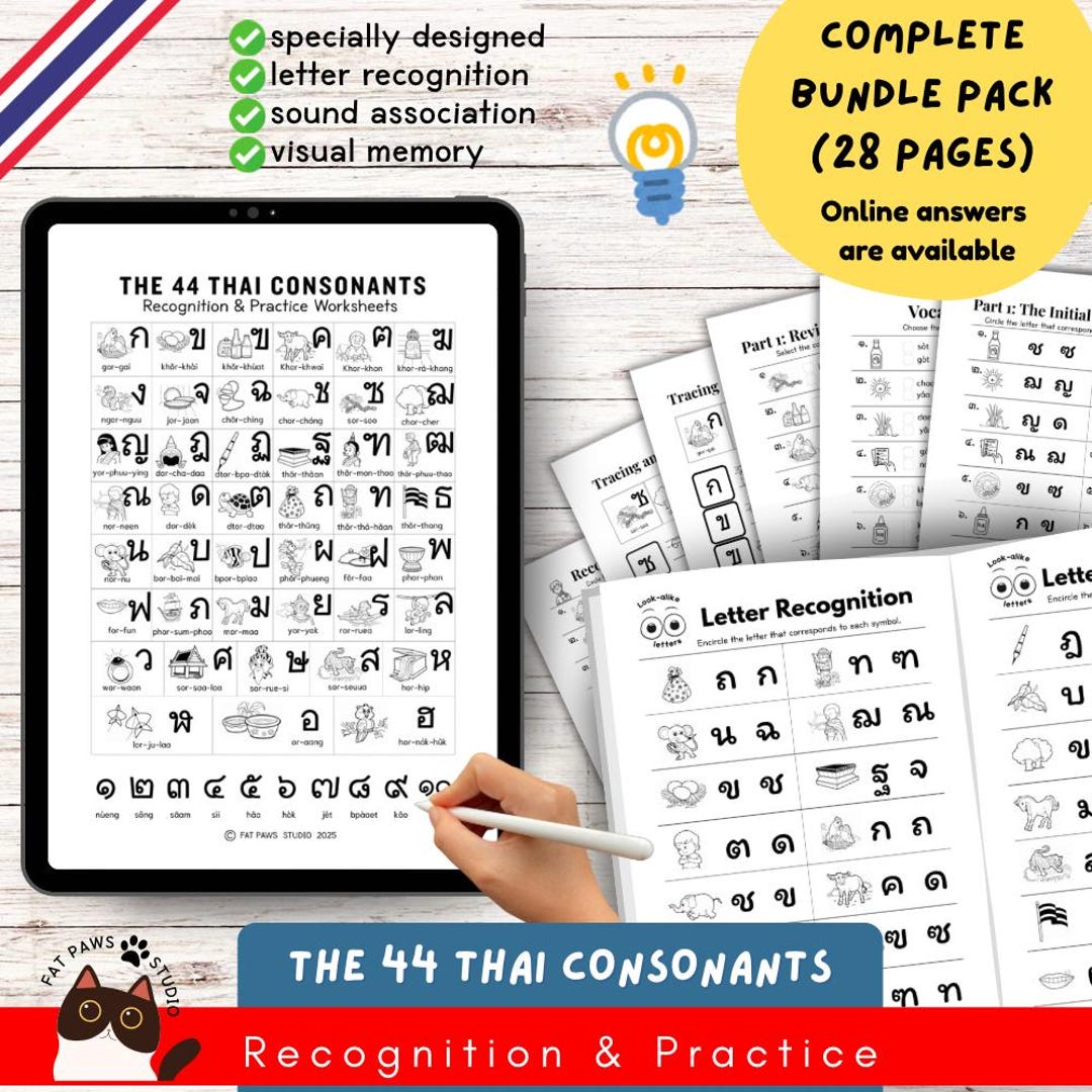 Learn Thai Alphabet Pack | 44 Consonants Worksheets + Initial Sound ...