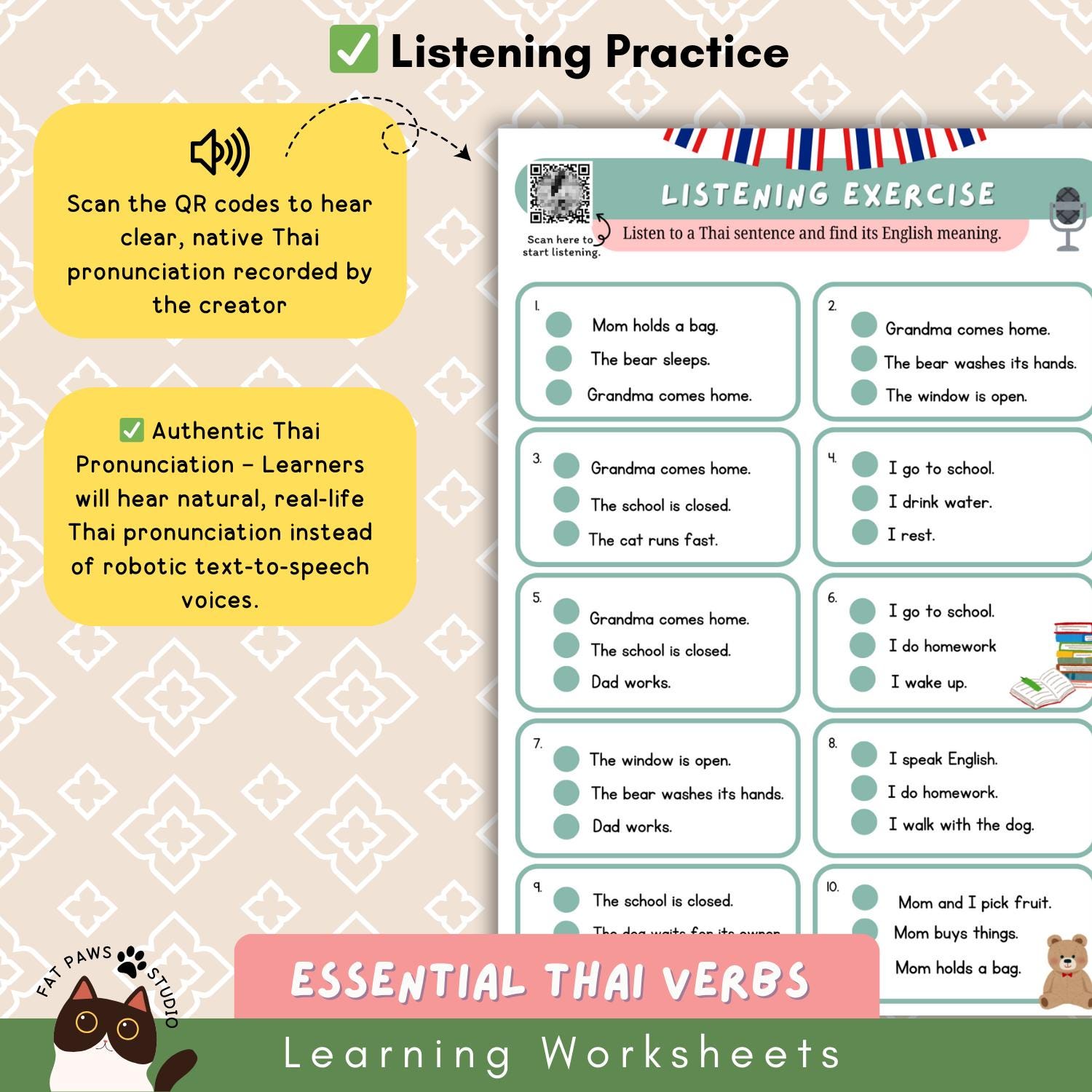 Thai Verbs Learning Pack: Flashcards, Worksheets, Audio (digital ...