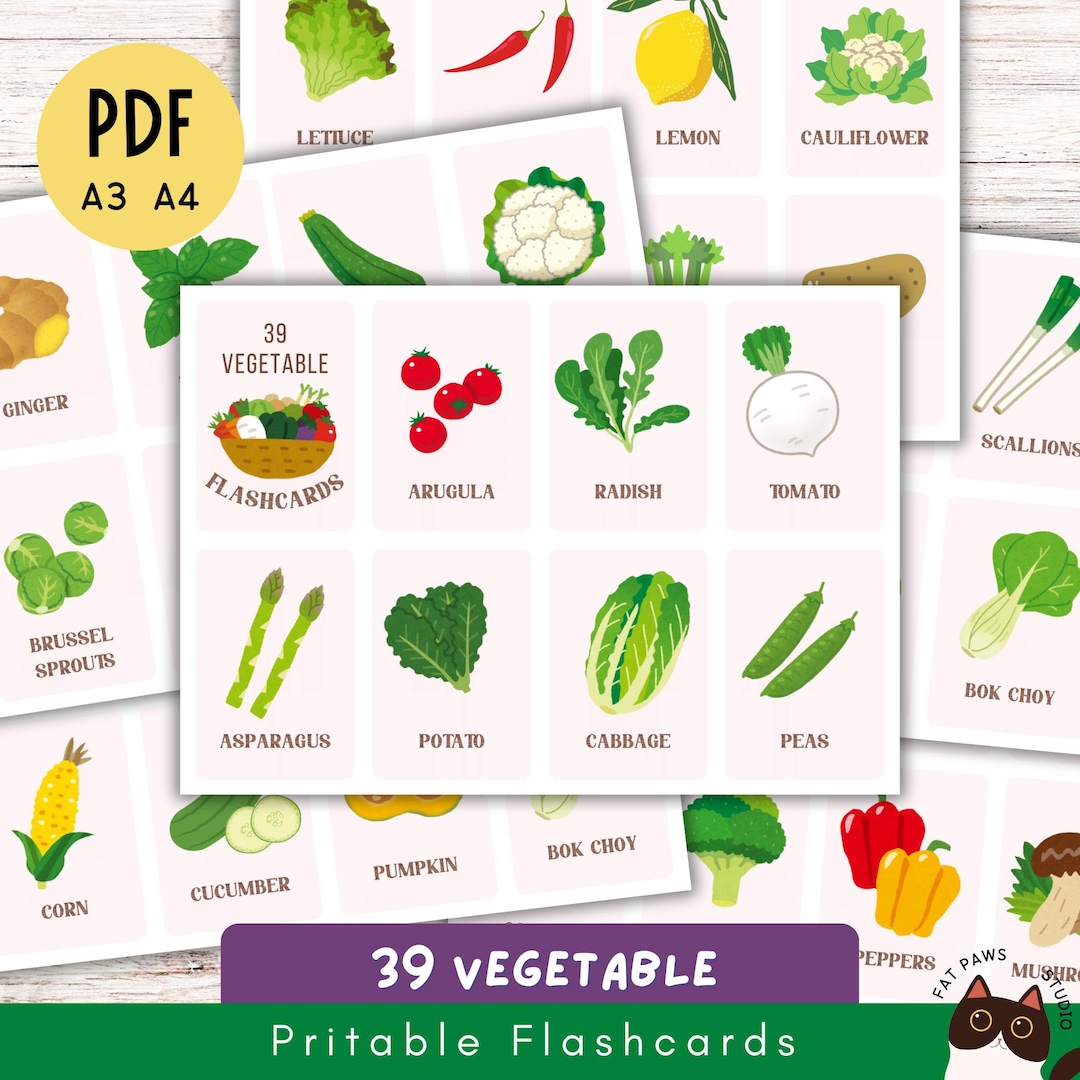 39 Vegetable Flashcards for Kids Printable A3 & A4 PDF Educational ...