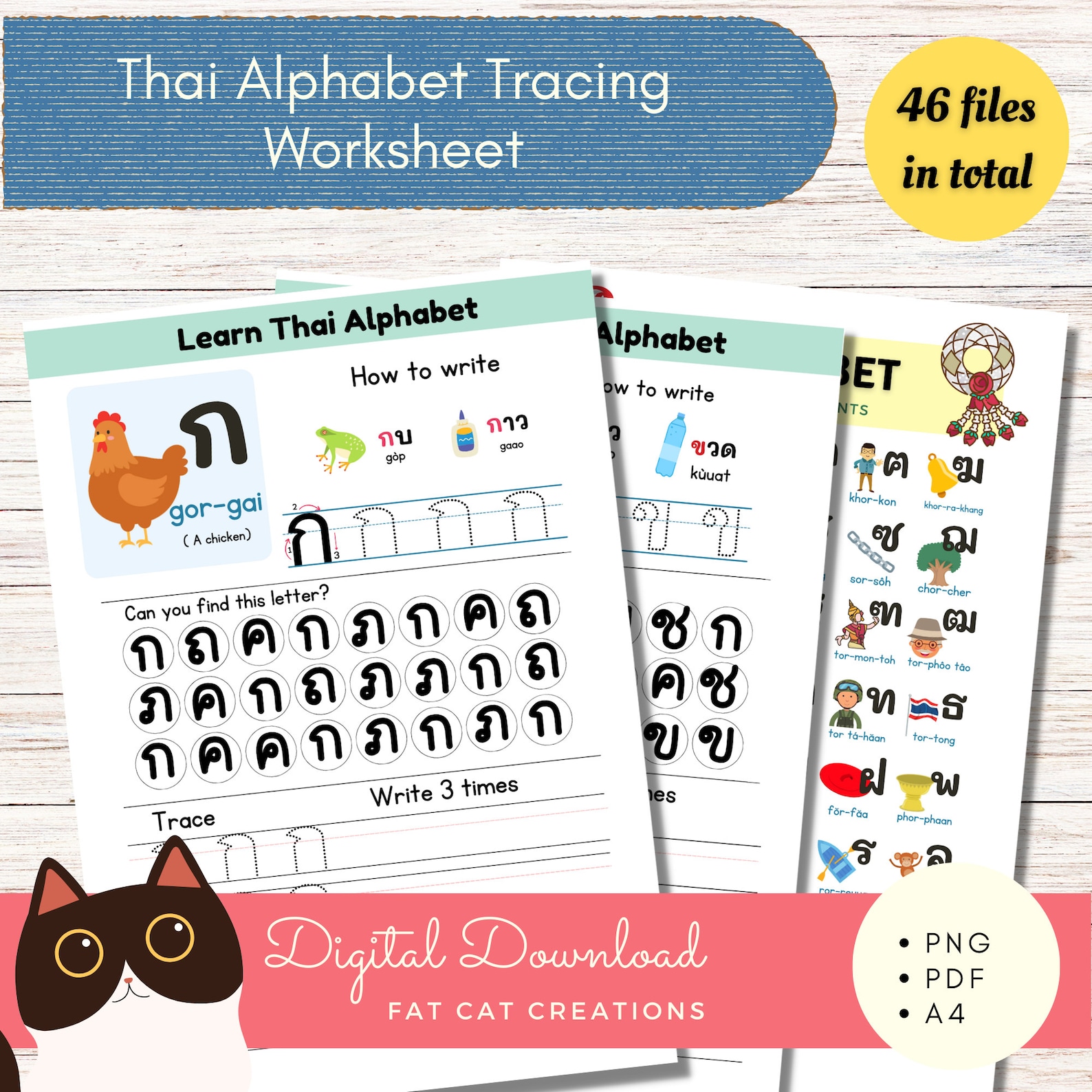 Thai Alphabet Tracing Worksheets: Consonant Learning (PNG, PDF) - Etsy