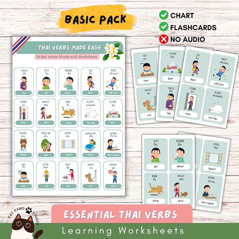 Essential Thai Verbs Flashcards & Chart | Basic Pack | No Audio - Etsy