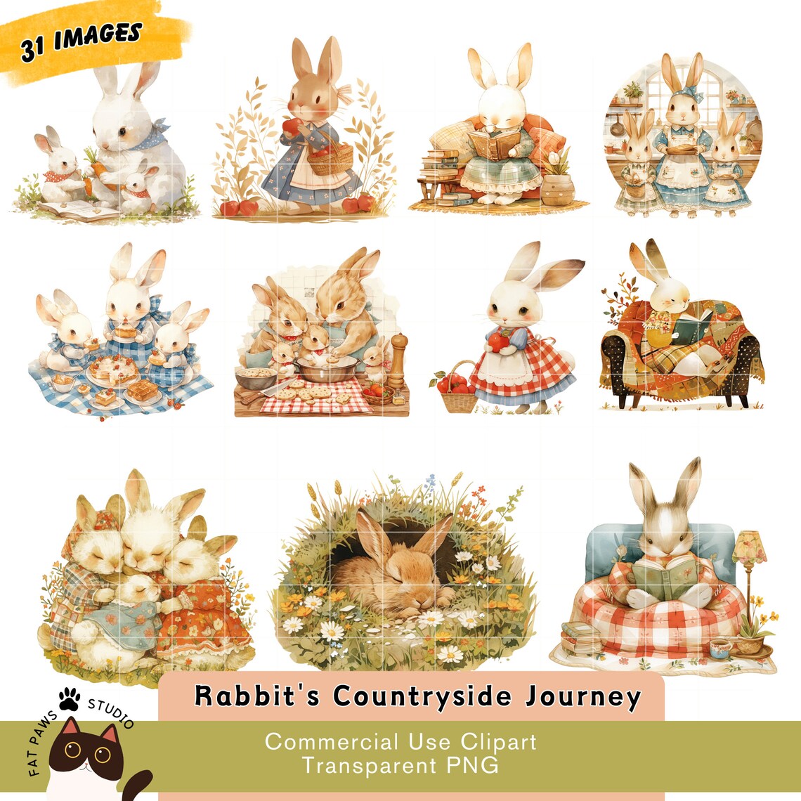 Forest Rabbit Family Clipart Digital Download 32 Pngs Commercial Use - Etsy