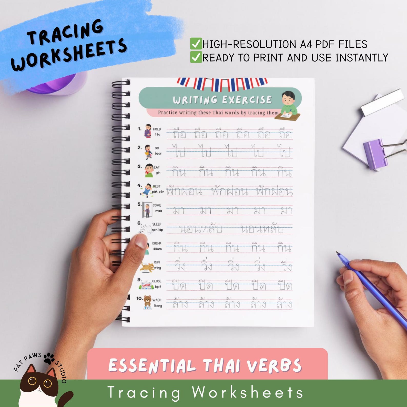Thai Verbs Tracing Worksheet: Thai Handwriting Practice for Kids (PDF ...