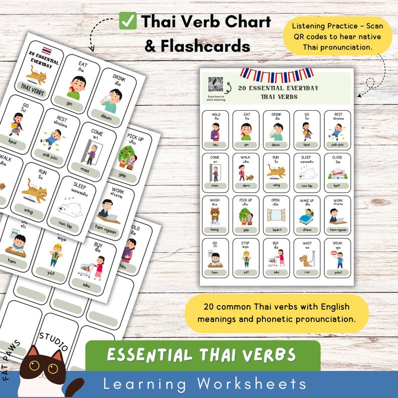 Essential Thai Verbs | Printable Thai Language Learning Worksheets ...