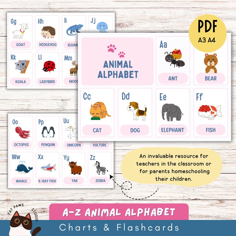 Animal Alphabet Chart and Flashcards – 2 Styles (with/without Table ...