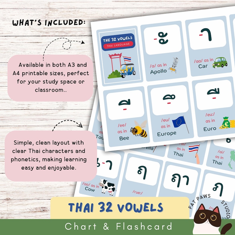 32 Thai Vowels Chart Flashcards Set Printable A3 & A4 Sizes Thai ...