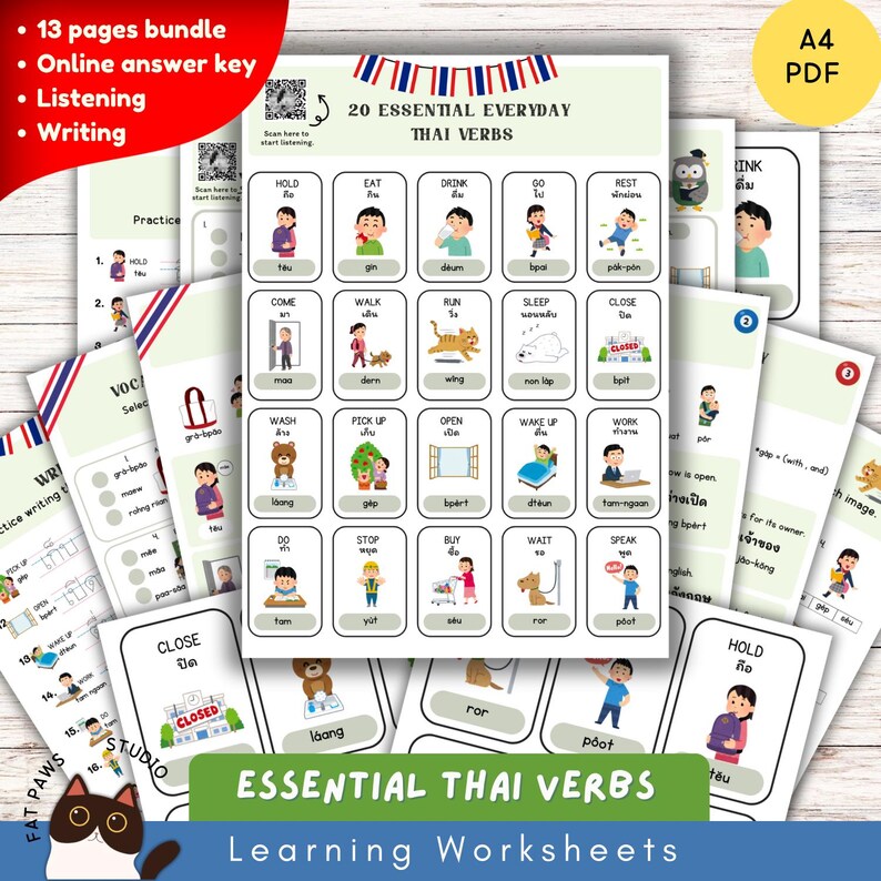 Essential Thai Verbs | Printable Thai Language Learning Worksheets ...