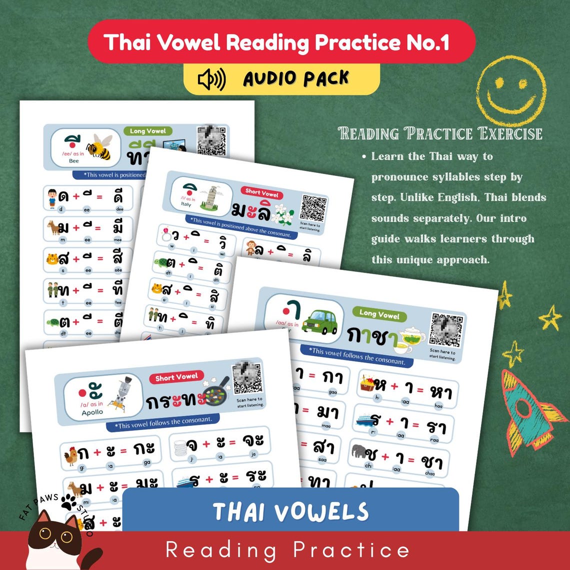 Thai Vowel Reading Pack – Chart + Flashcards + Audio | Learn to Blend ...