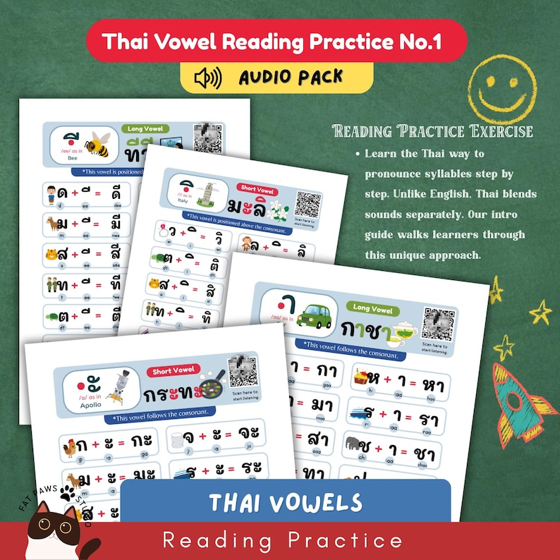 Thai Vowel Reading Pack – Chart + Flashcards + Audio | Learn to Blend ...