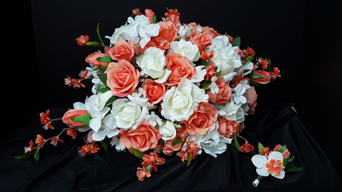 Coral/white Rose Bouquet Set - Etsy