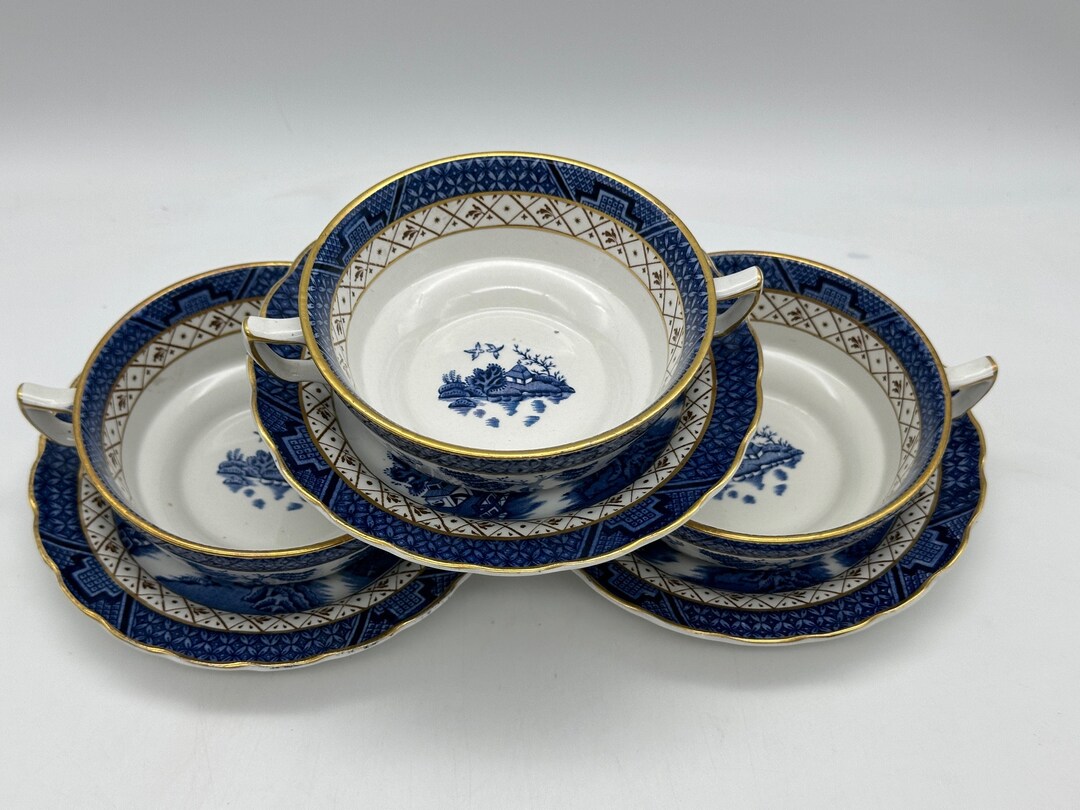 SET OF 3 RARE Cream Soup Bowls & Saucers Booths Real Old Willow Service ...