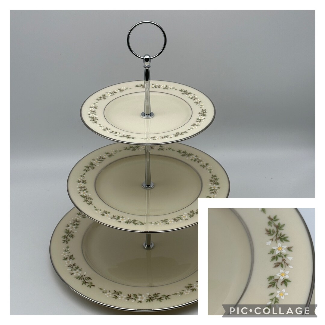 STUNNING 3 TIERED Cake Stand LENOX Brookdale Woodland / Tea Party ...
