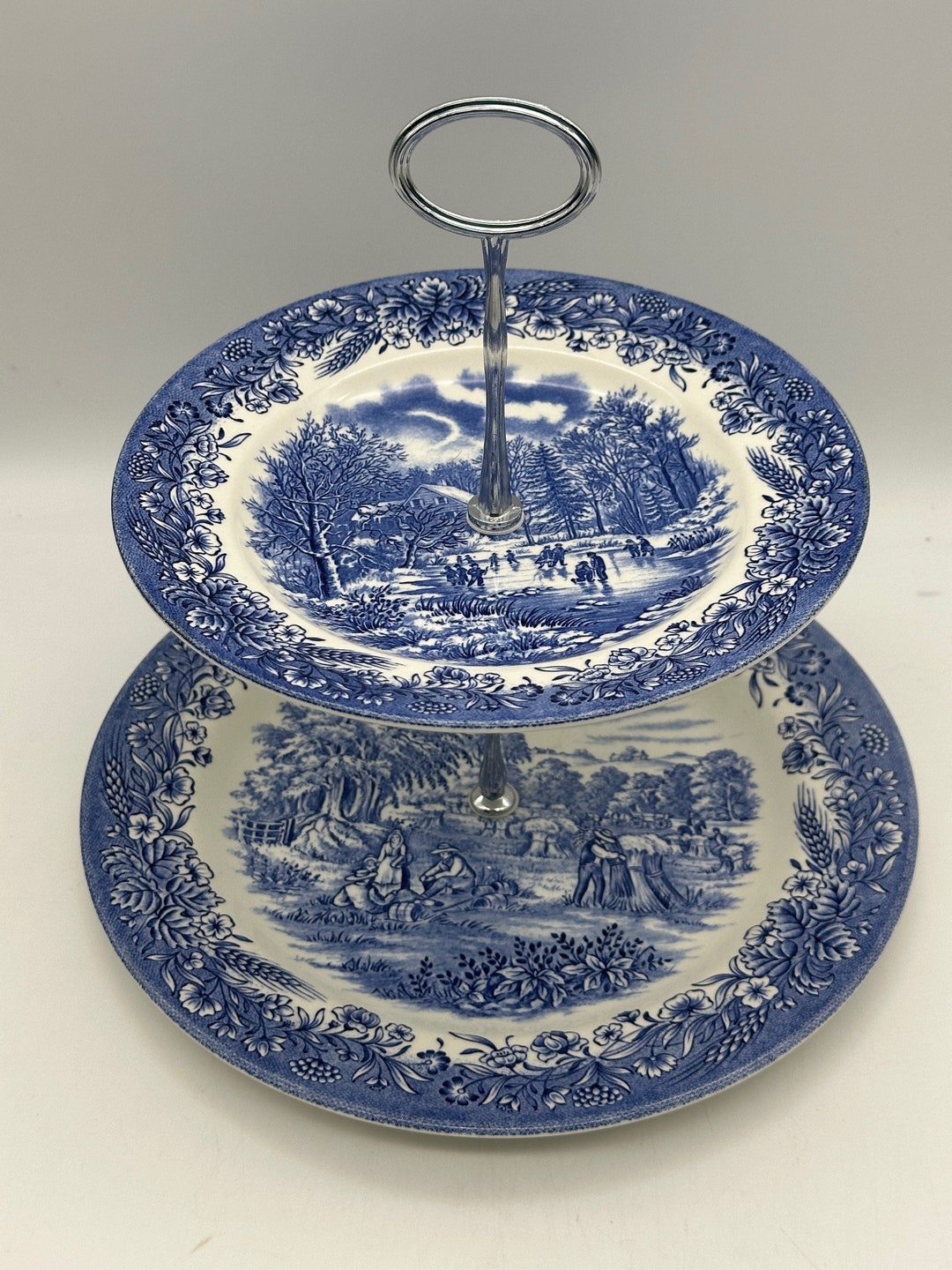 2 Tier Cake Stand "harvest" CURRIER & IVES Blue by Churchill / Vintage ...
