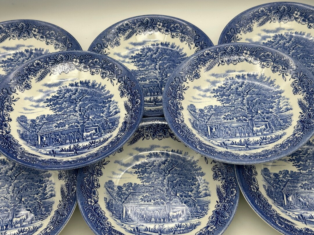 Set of 4 COUPE SOUP BOWLS Currier & Ives Blue by Churchill/ Vintage ...