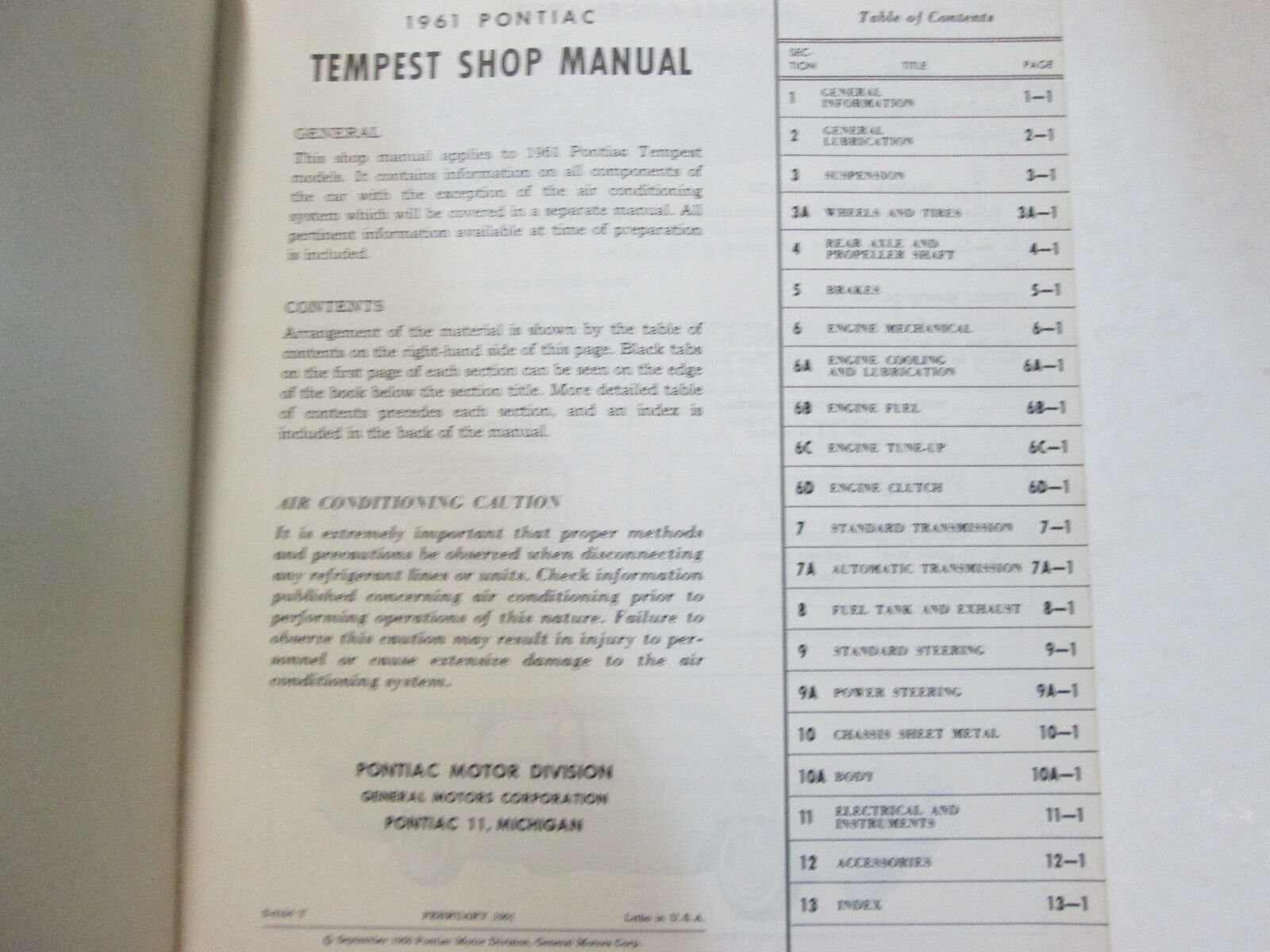 1961 GM Pontiac TEMPEST Service Repair Shop Manual Factory OEM Final ...