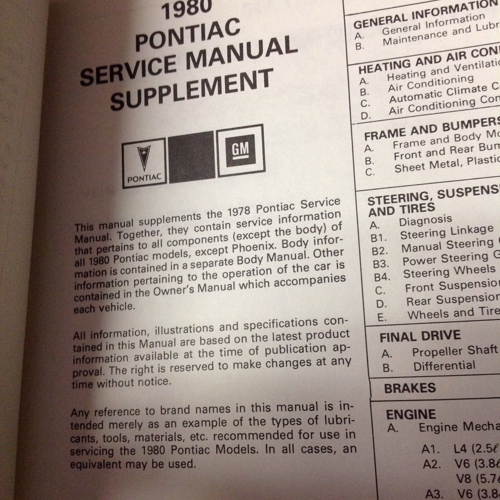 1980 Pontiac Service Manual Supplement & New Product Model Manual Set ...