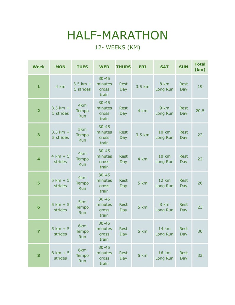 12- Week Half Marathon Training Plan. - Etsy