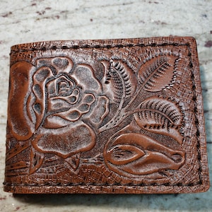 Hand Tooled Rose Pattern Leather Wallet - Etsy