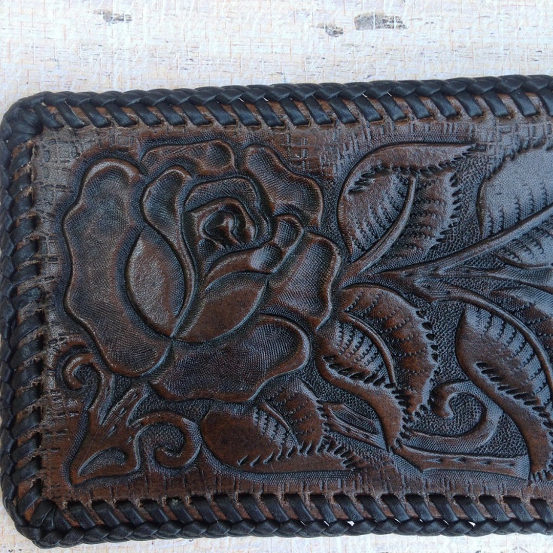 Hand Tooled Rose Pattern Leather Wallet - Etsy