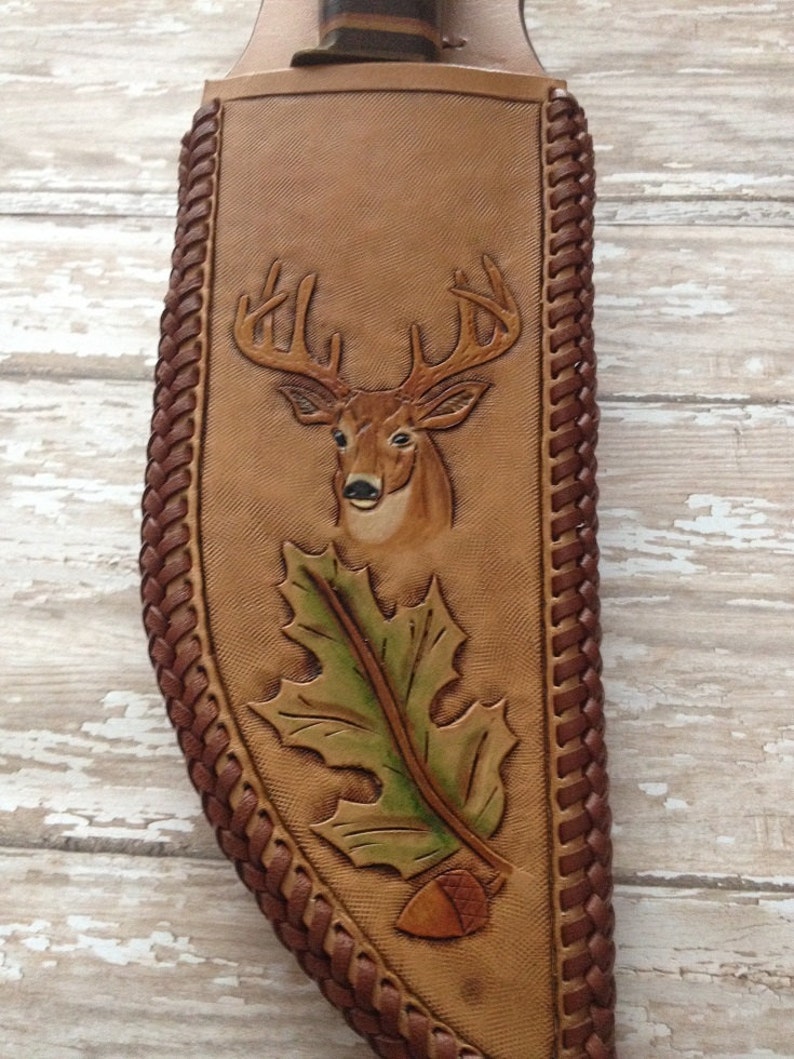 Hand Tooled Leather Knife Sheath With White Tail Deer - Etsy