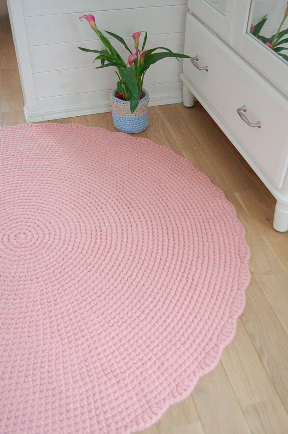 Round Rug Baby Pink Large Crochet Wool Rug Felted Nursery | Etsy