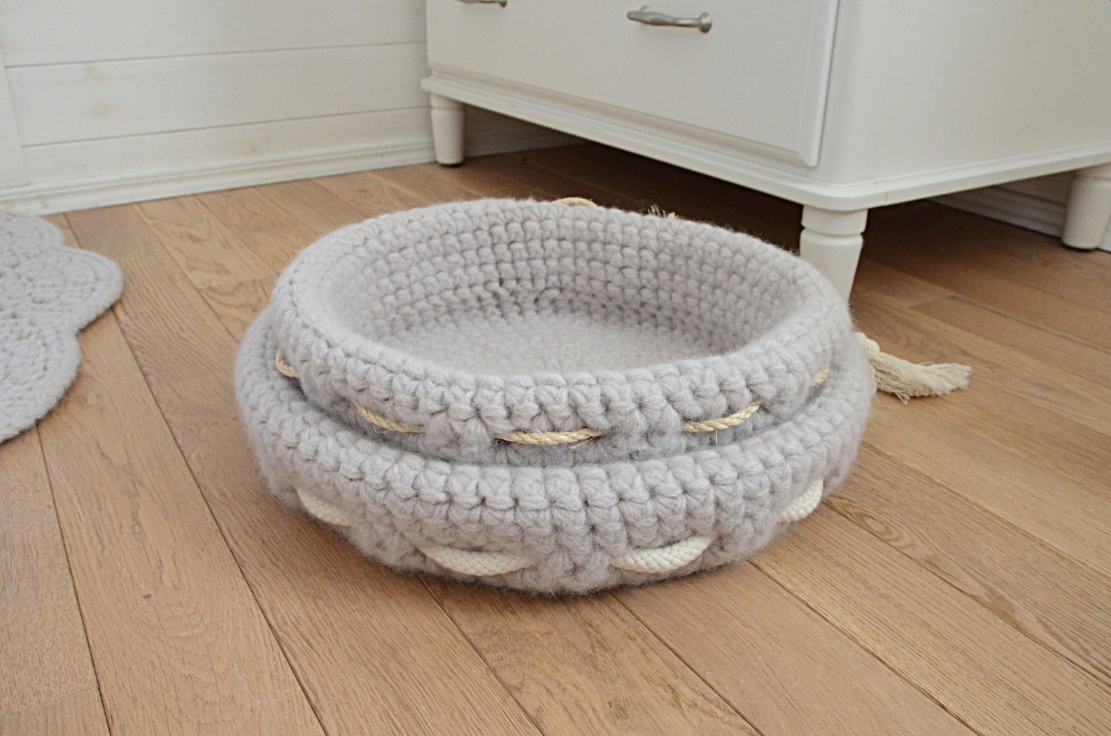 Wool pet bed with cotton rope tassels crochet dog beds | Etsy